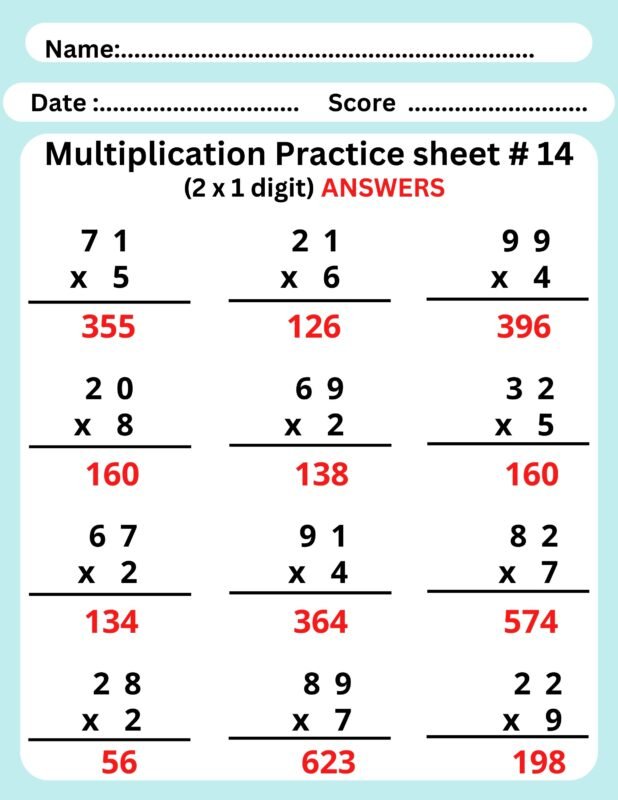 Multiplication printable worksheets (1 x 1 digit and 2 x 1 digit) for ...